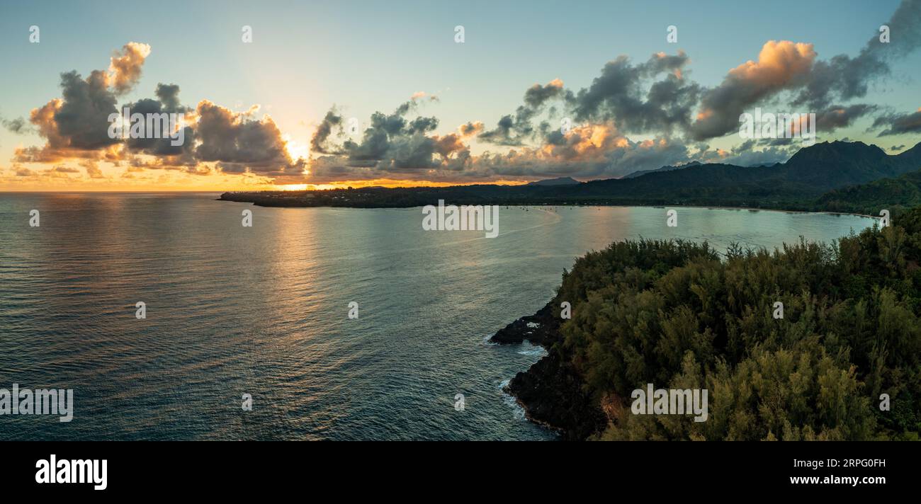 Aerial panoramic image off the coast over Lumaha'i beach on Hawaiian ...