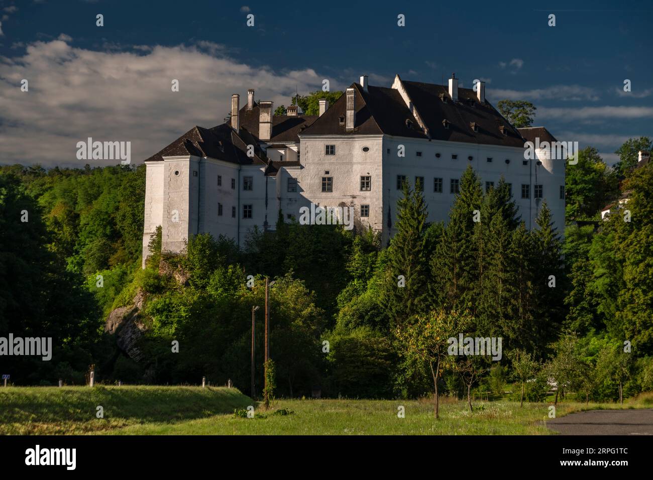Leiben castle near Donau river valley in summer hot morning with dark ...