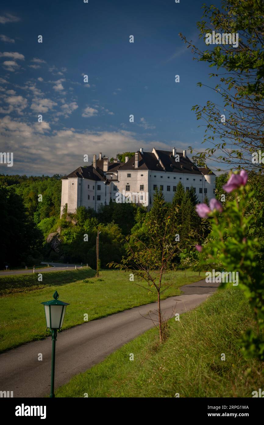Leiben castle near Donau river valley in summer hot morning with dark ...