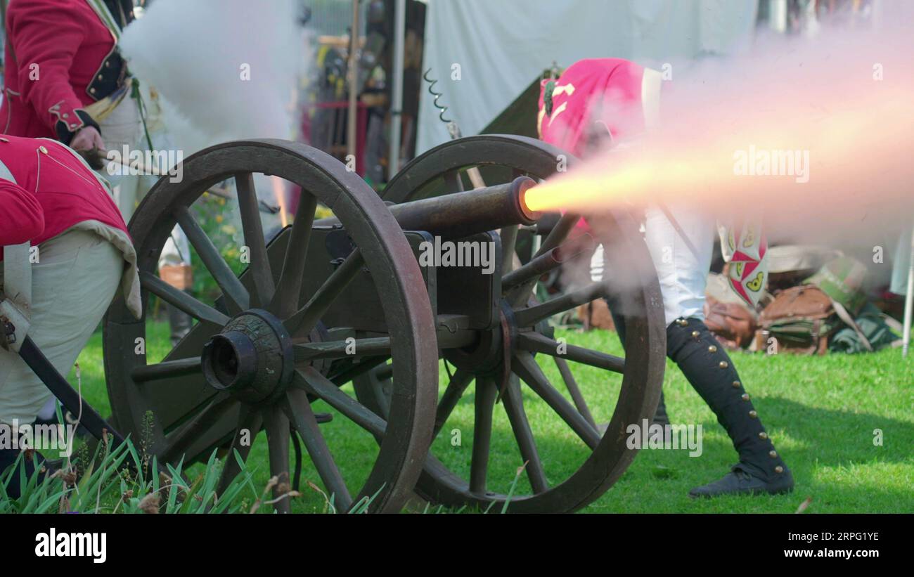 Historic blast of ancient Cannon explosion, soldiers firing an ...