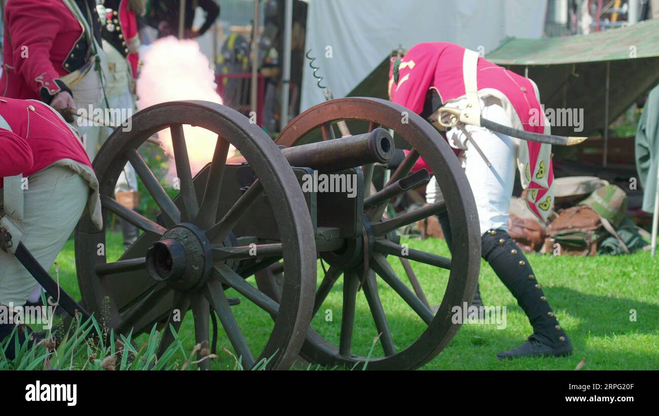 Historic blast of ancient Cannon explosion, soldiers firing an ...