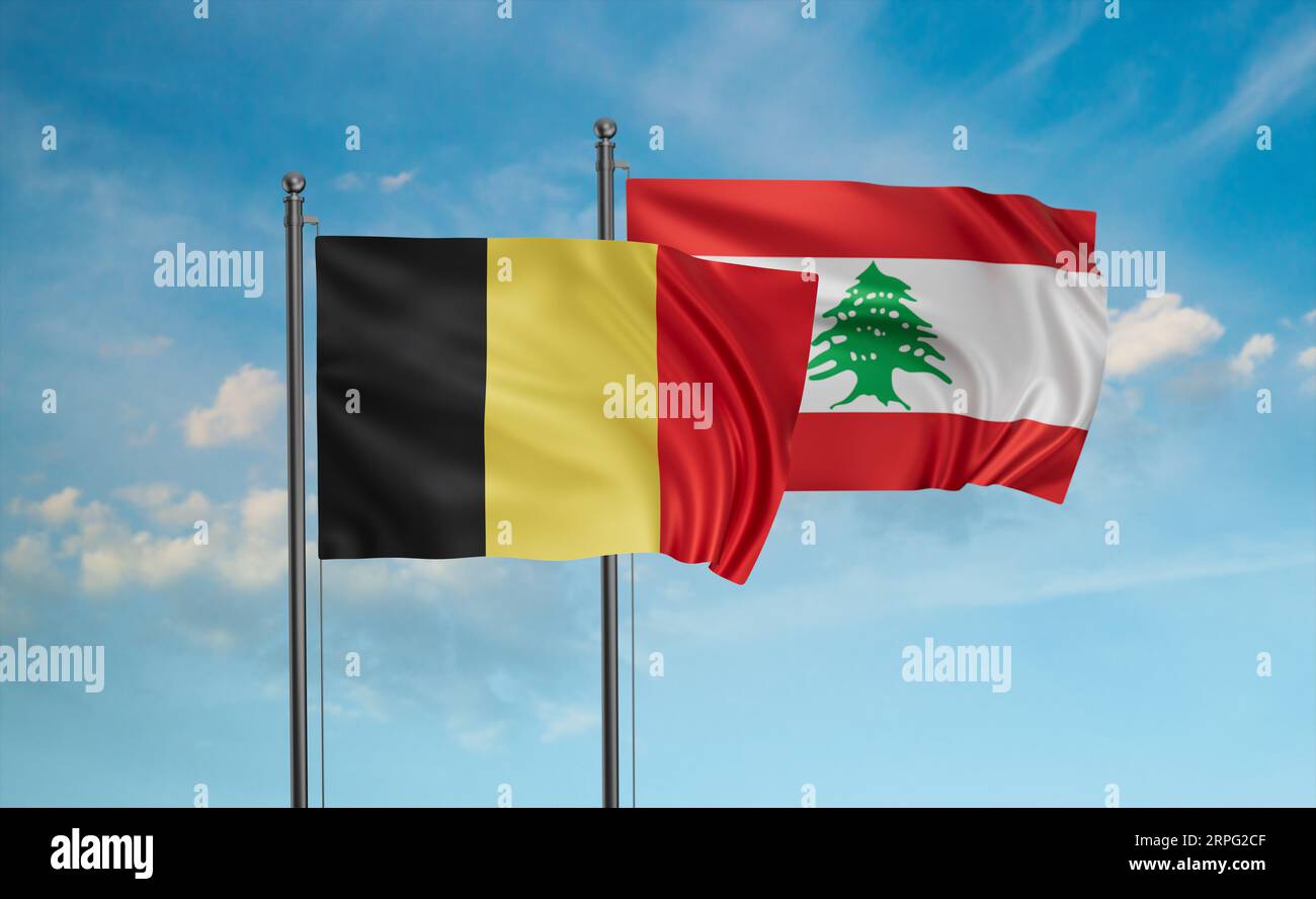 Lebanon and Belgium flag waving together in the wind on blue sky, two ...