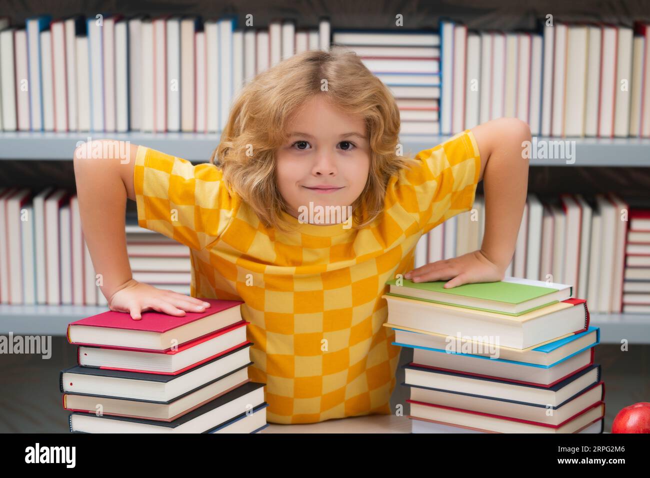 Nerd pupil. Schoolboy reading book in library. Kids learn to read ...