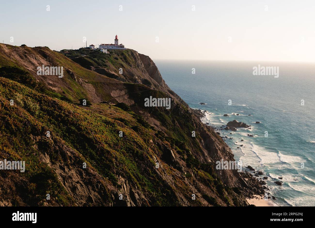 View of Cape Roca with red lighthouse - Sintra Portugal. Travel and ...