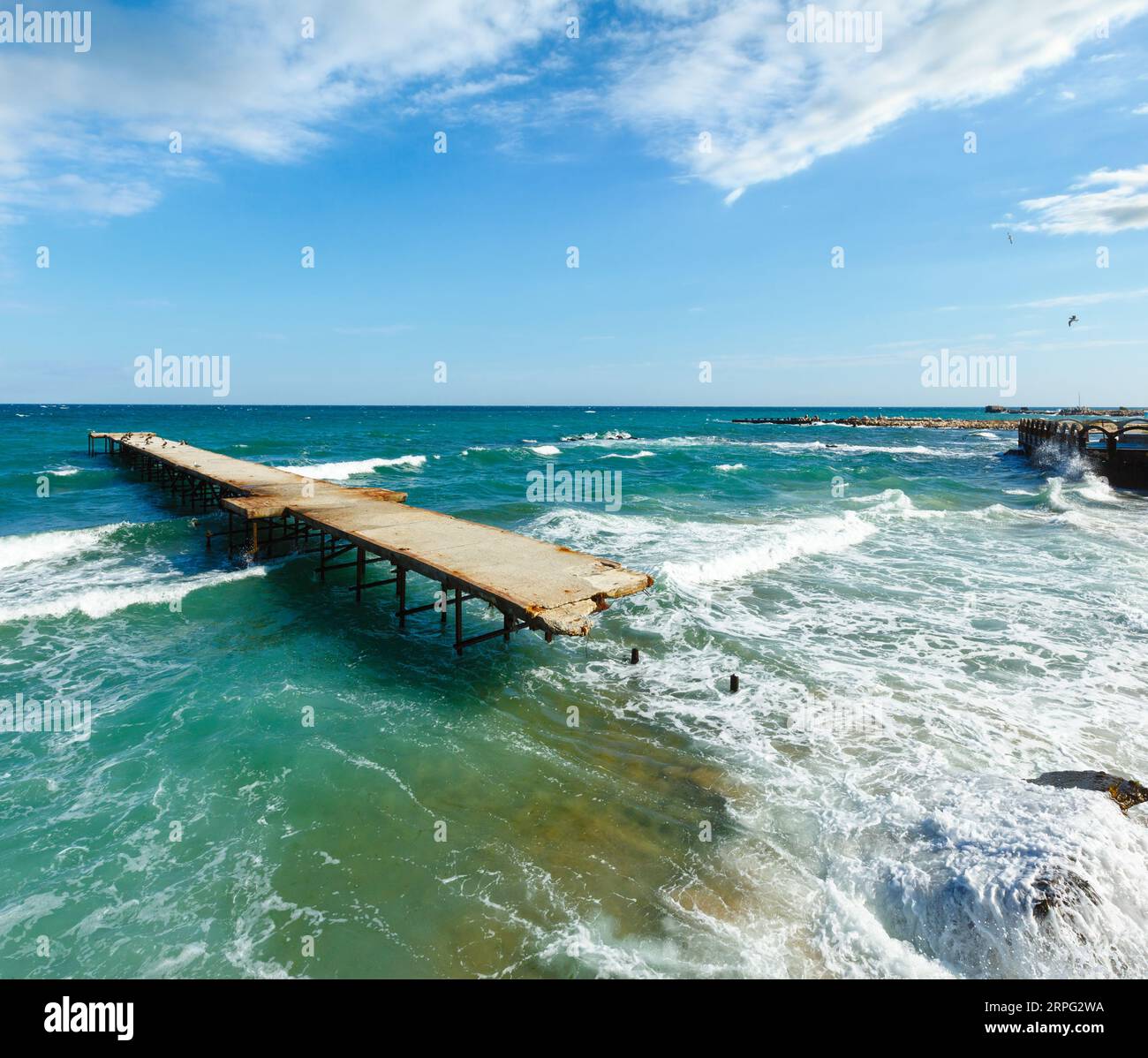 Sea storm and ruined pier with gulls on him (Black Sea, Bulgaria Stock ...