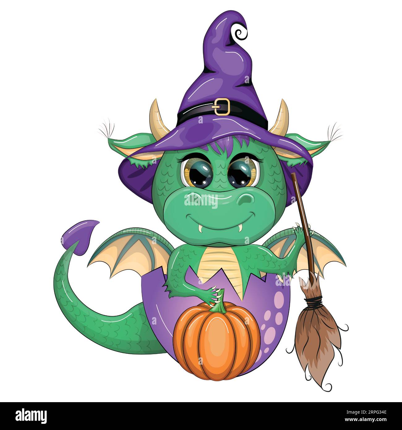Cute cartoon green dragon in a purple magic hat, Halloween. Pumpkin ...