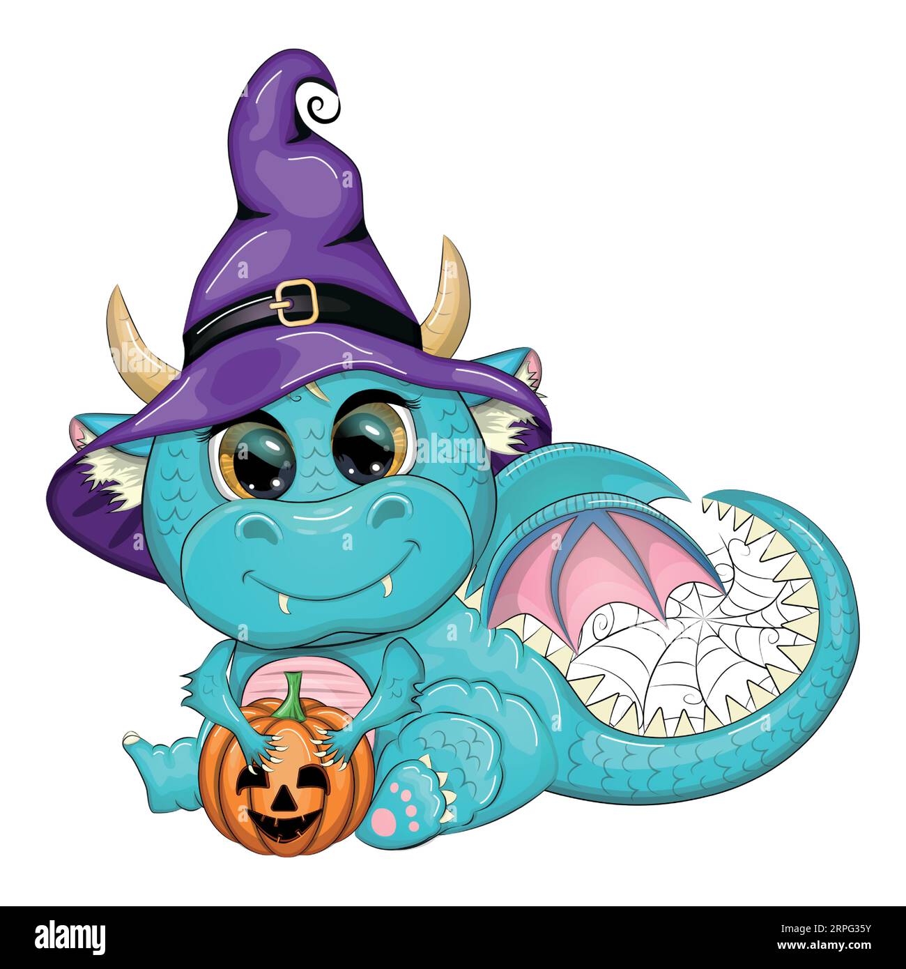 Cute cartoon green dragon in a purple magic hat, Halloween. Pumpkin ...