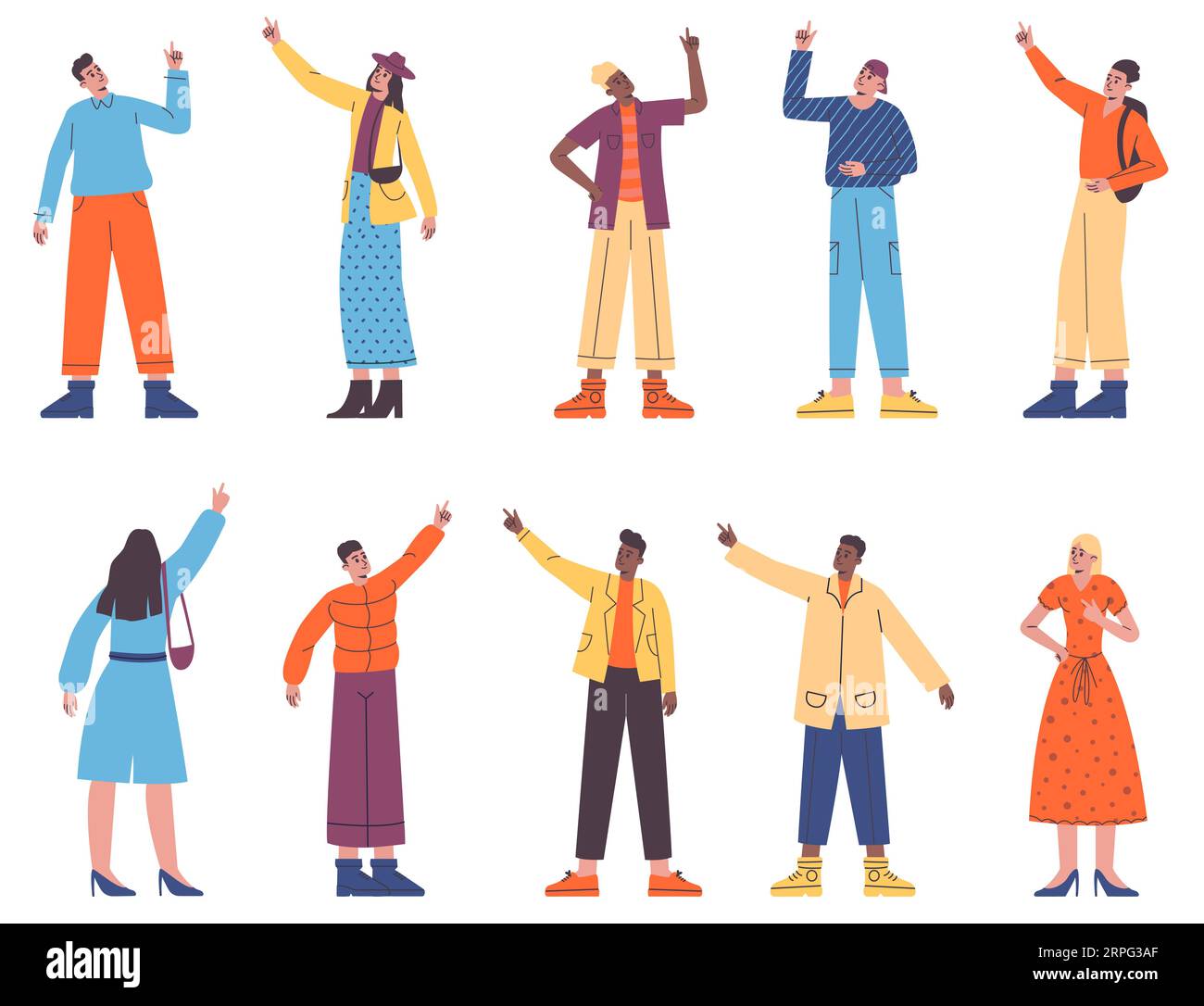 Cartoon people looking up. Men and women point with fingers upwards ...