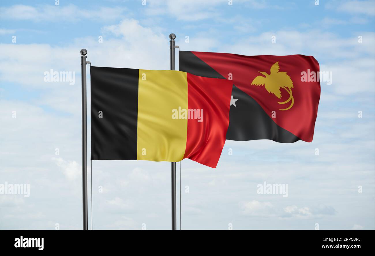 Papua New Guinea flag and Belgium flag waving together on blue sky, two ...