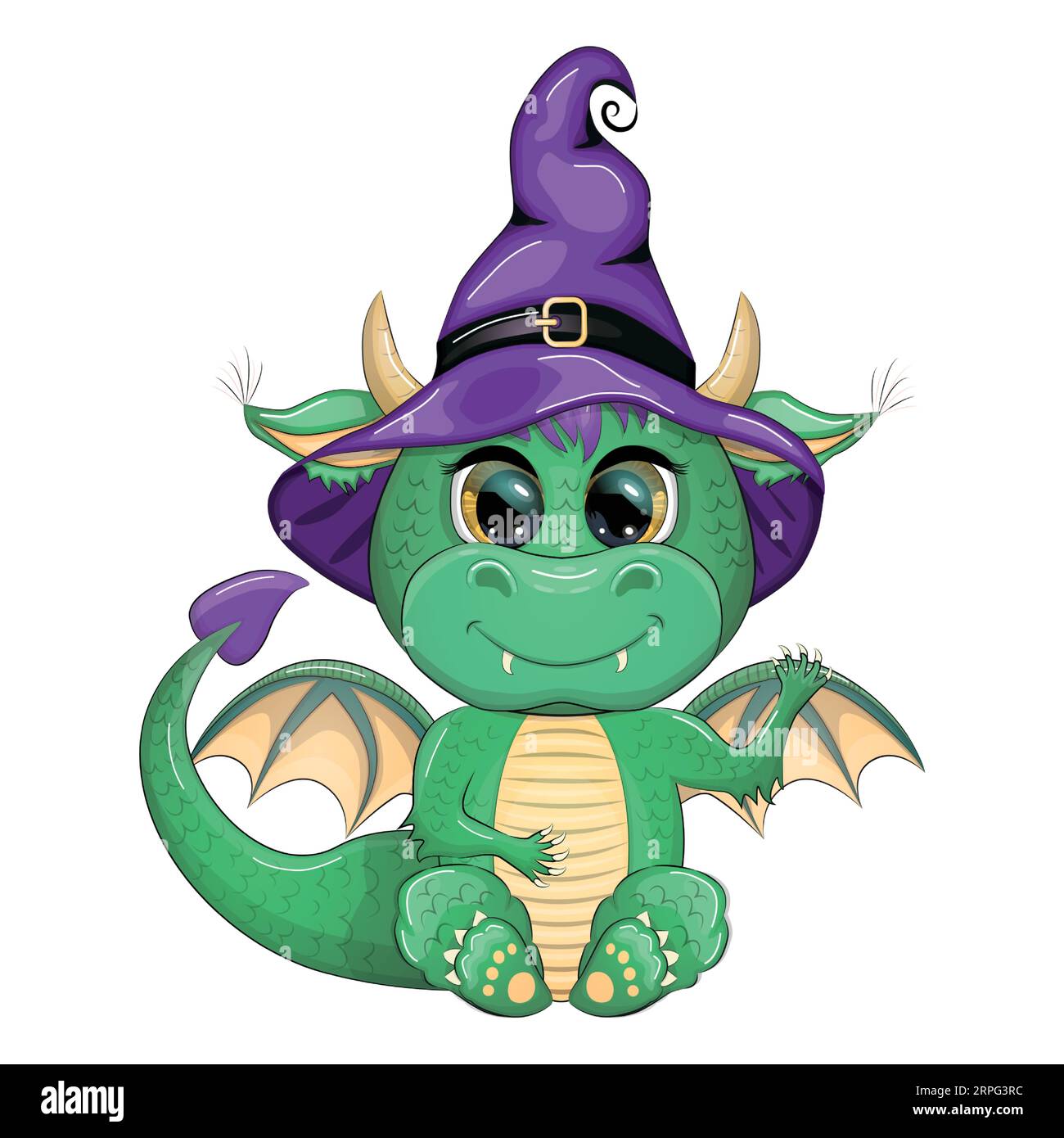 Cute cartoon green dragon in a purple magic hat, Halloween. Pumpkin ...