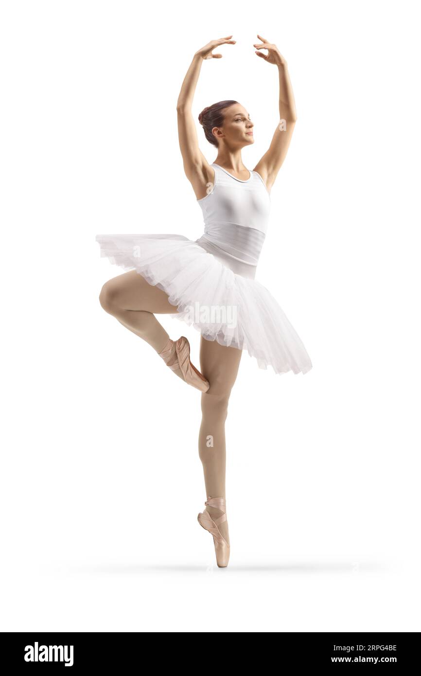 Full length profile shot of a ballet dancer in a white dress dancing ...