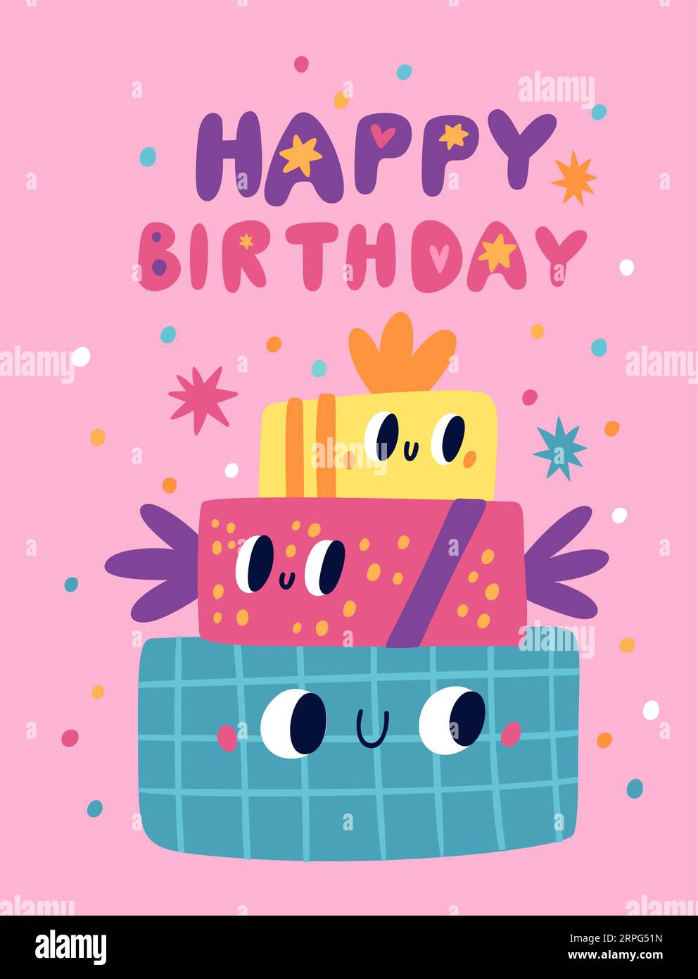 Gift boxes birthday greeting card. Holiday present containers with ...