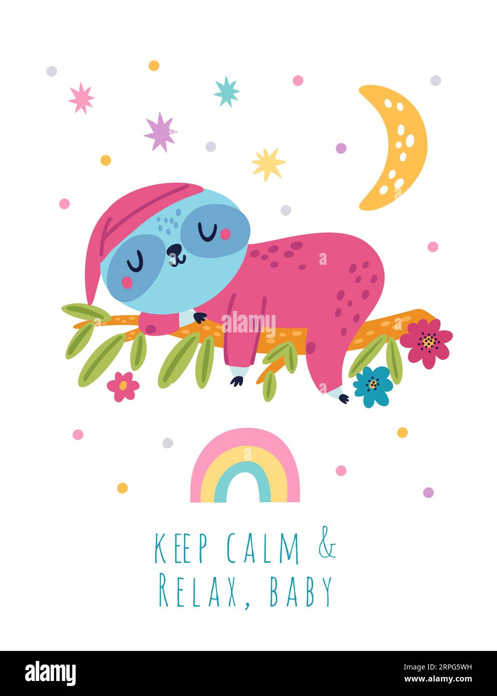 Cute sloths card. Lazy jungle animal. Happy tropical character. Mammal ...