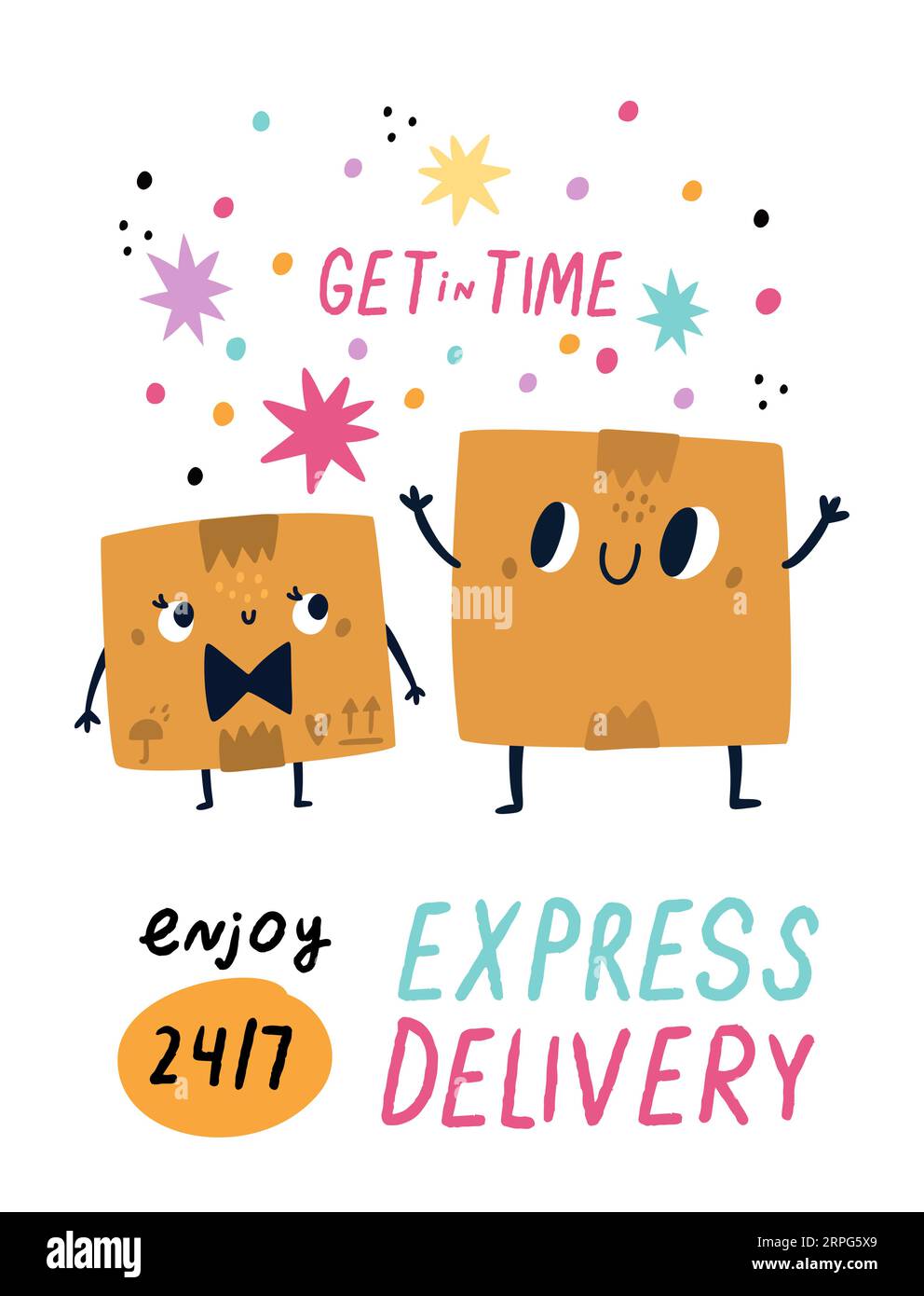 Delivery box poster. Cardboard containers. Cartoon character with happy ...