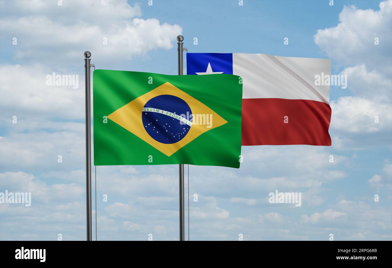 Chile flag and Brazil flag waving together on blue sky, two country ...