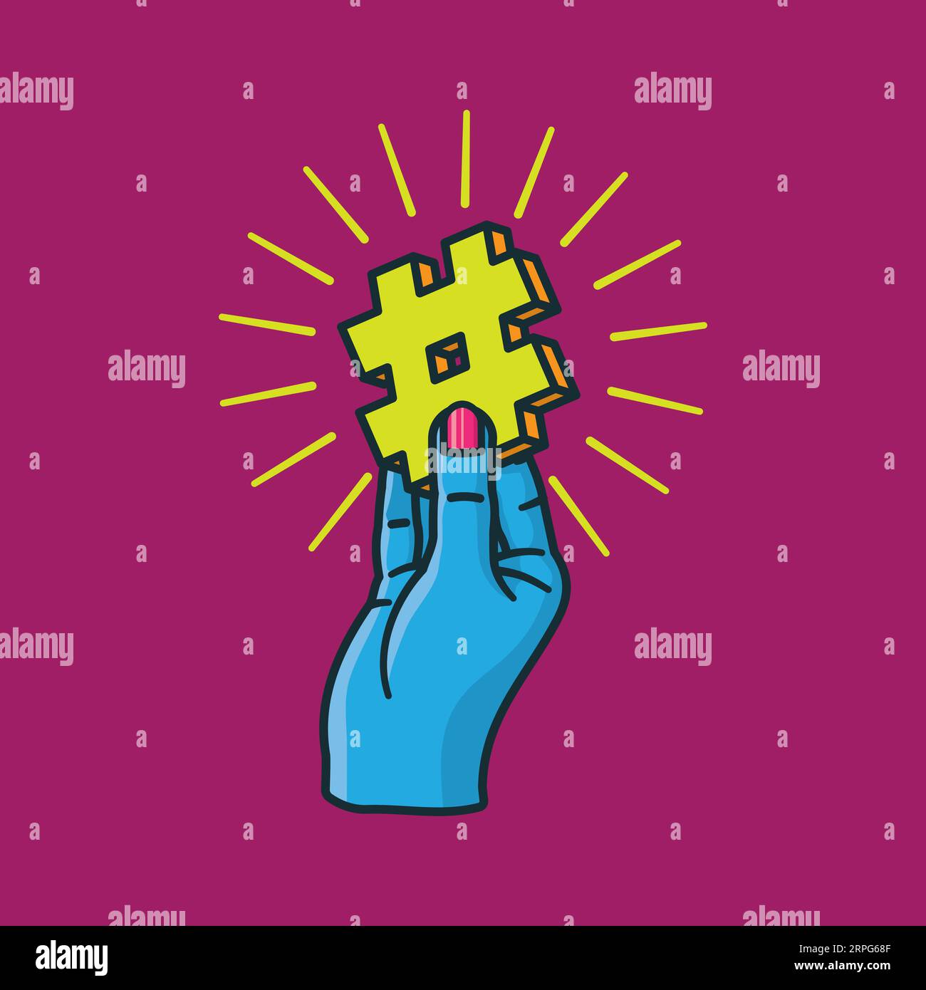 Blue human hand holding glowing hashtag sign vector illustration for ...