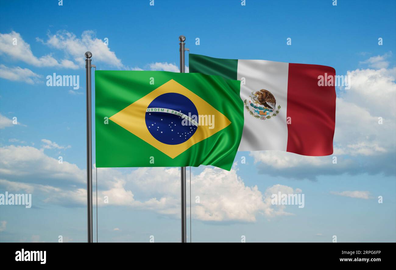 Mexico flag and Brazil flag waving together on blue sky, two country ...