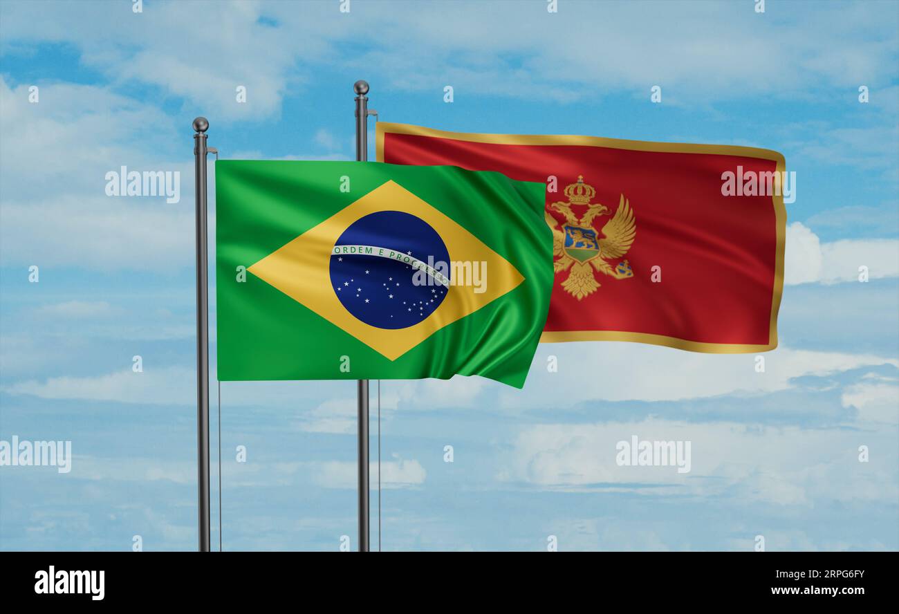 Montenegro and Brazil flag waving together in the wind on blue sky, two ...