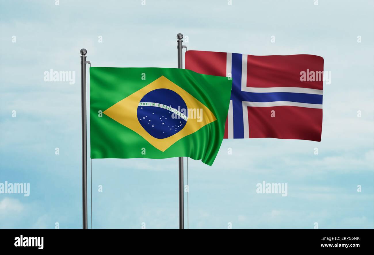 Norway flag and Brazil flag waving together on blue sky, two country ...