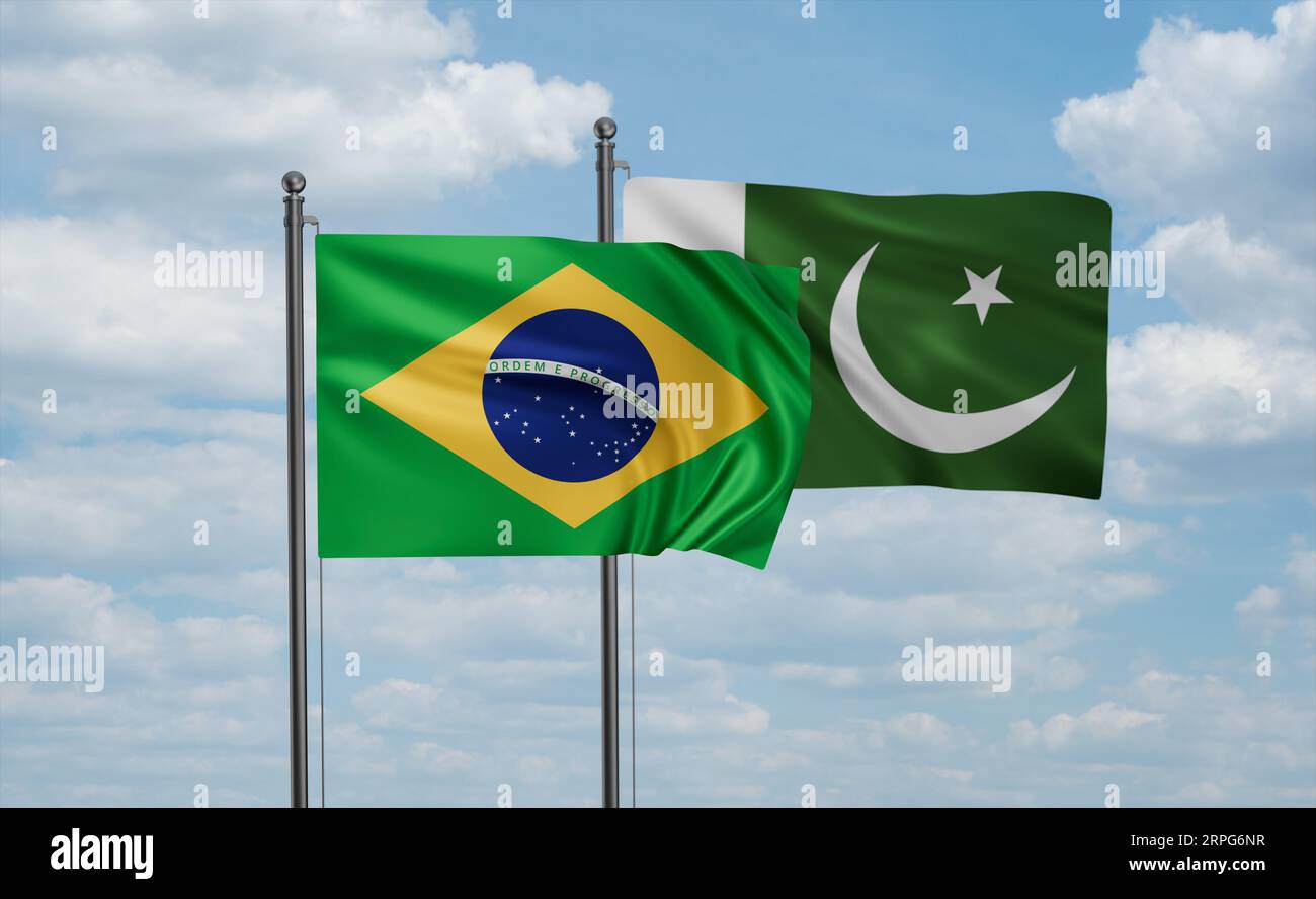 Pakistan flag and Brazil flag waving together on blue sky, two country ...