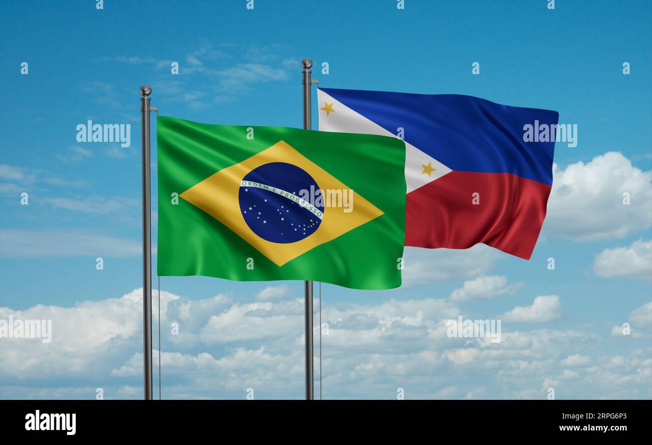 Philippines and Brazil flag waving together in the wind on blue sky ...