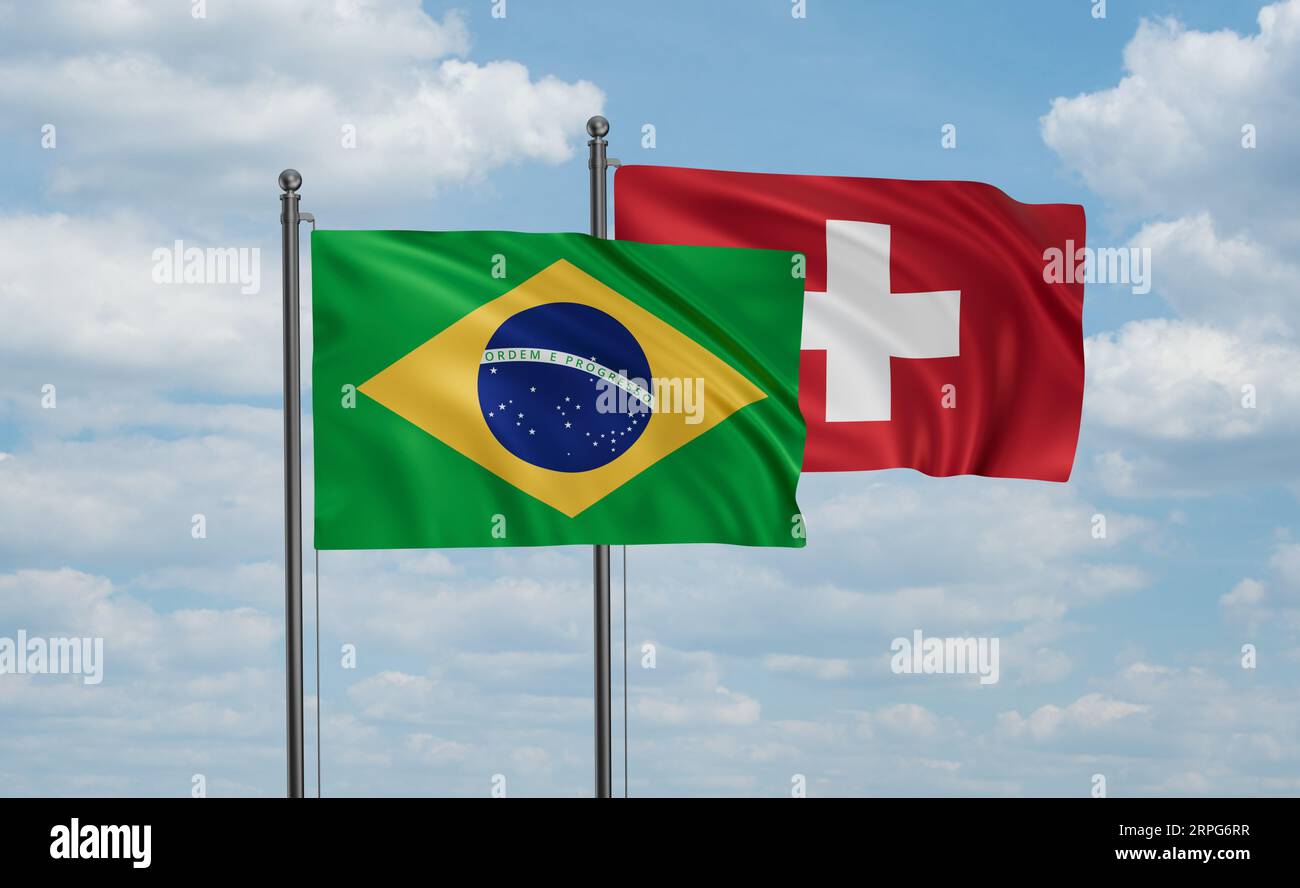 Switzerland and Brazil flag waving together in the wind on blue sky ...