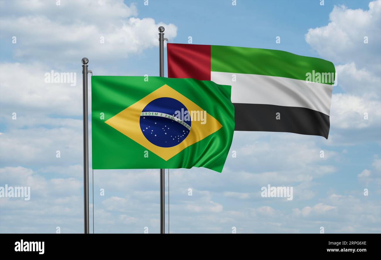 United Arab Emirates and Brazil flag waving together in the wind on ...
