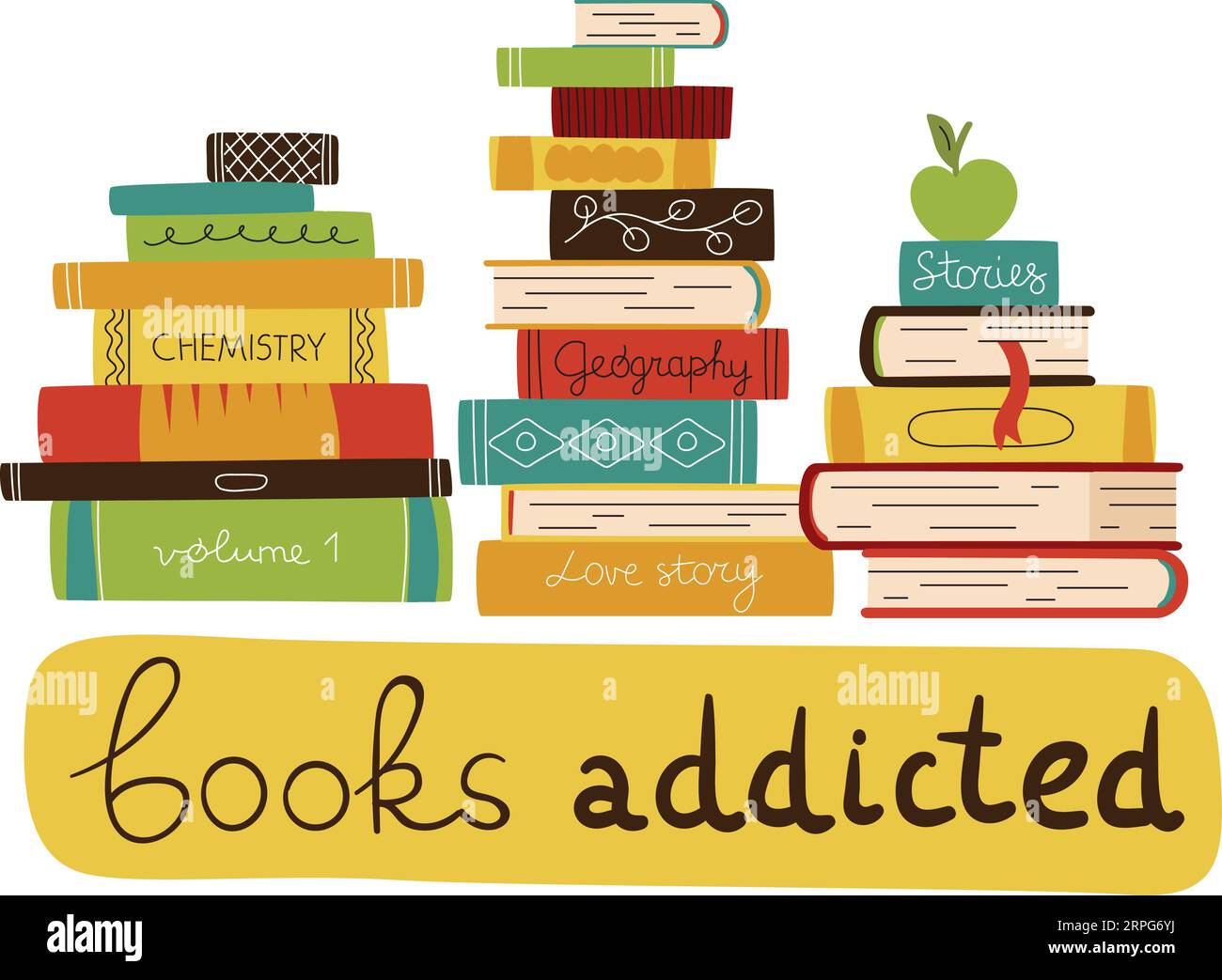 Cartoon books stacks. Reading addicted. Fiction or educational ...