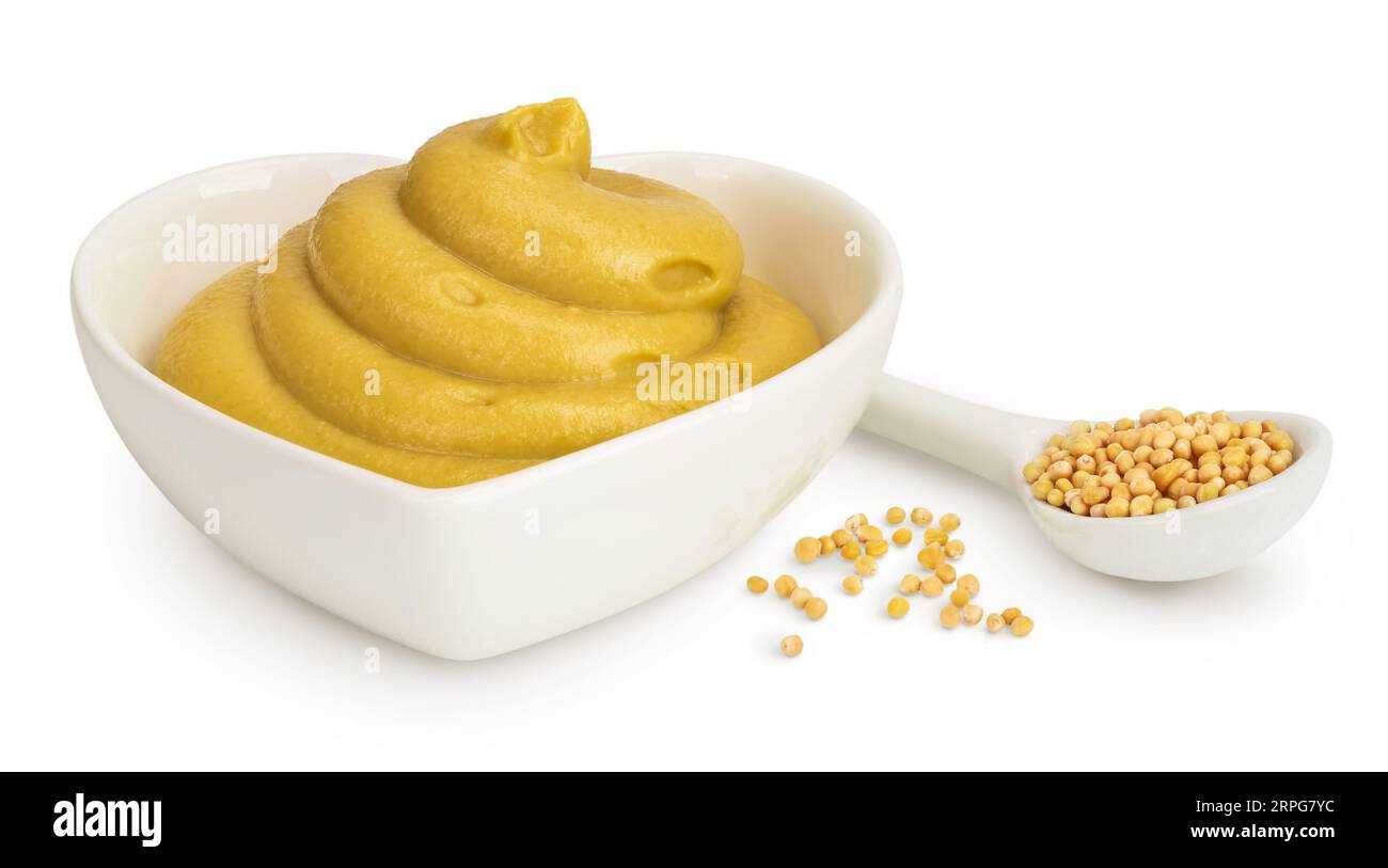 Mustard sauce in ceramic bowl with seed isolated on white background ...