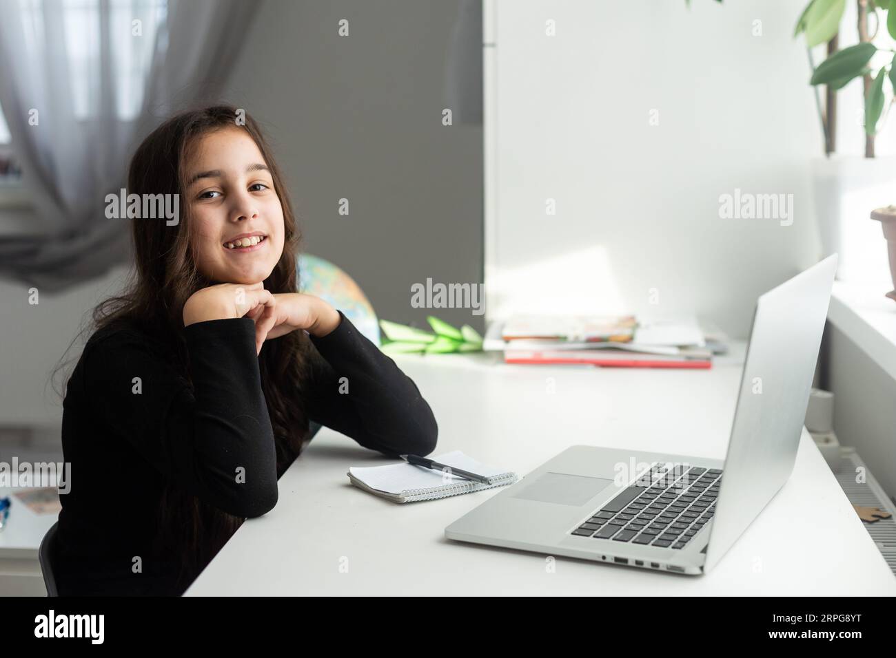 Latin hispanic girl college student taking online training class on ...
