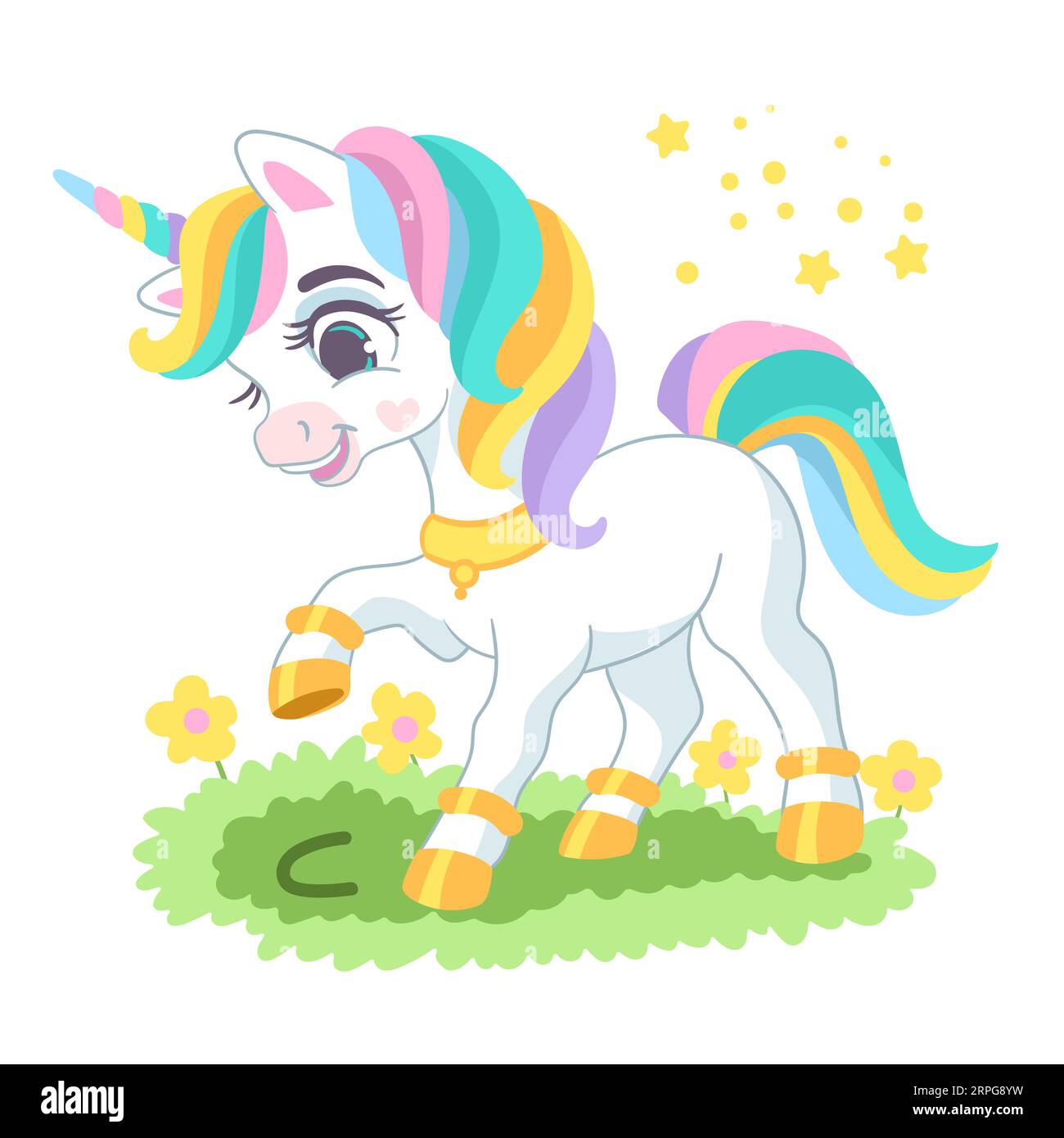Cute cartoon character unicorn with a hoof print on a grass. Vector ...