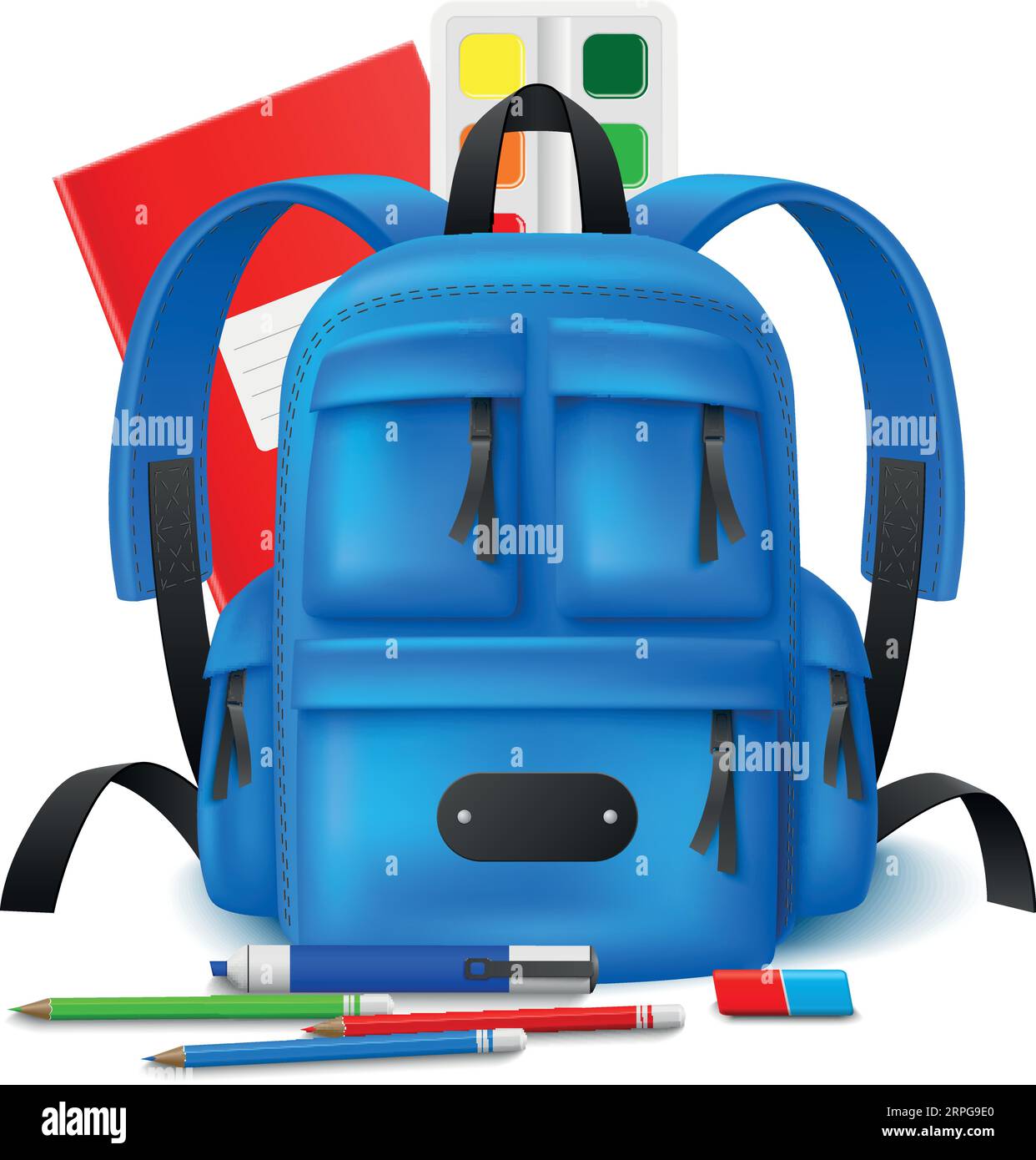 School tools. Realistic backpack with stationery. Pencils and paint ...