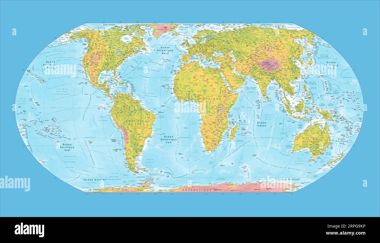 Detailed physical world map French language Equal earth projection ...