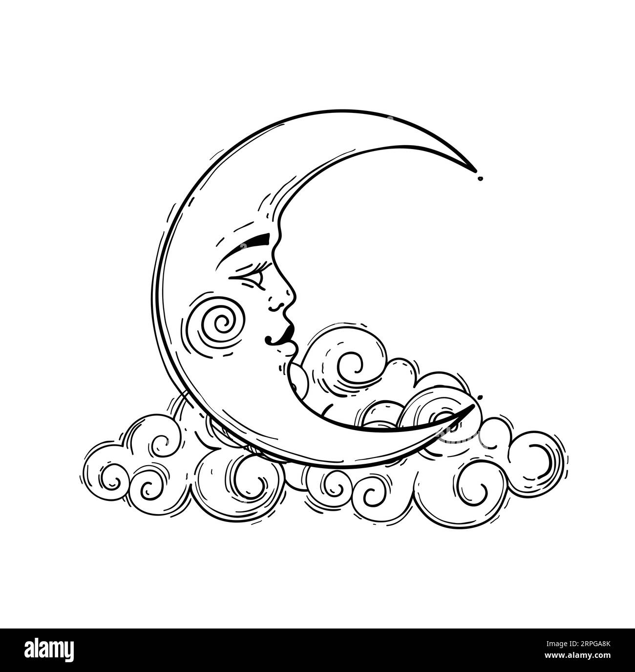 Magic crescent moon with face line drawing Vector Image Stock Vector ...