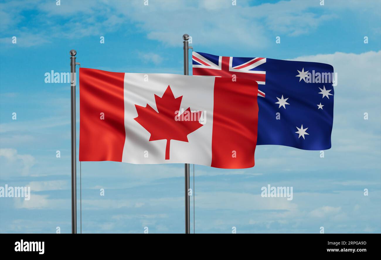 Australia flag and Canada flag waving together on blue sky, two country ...