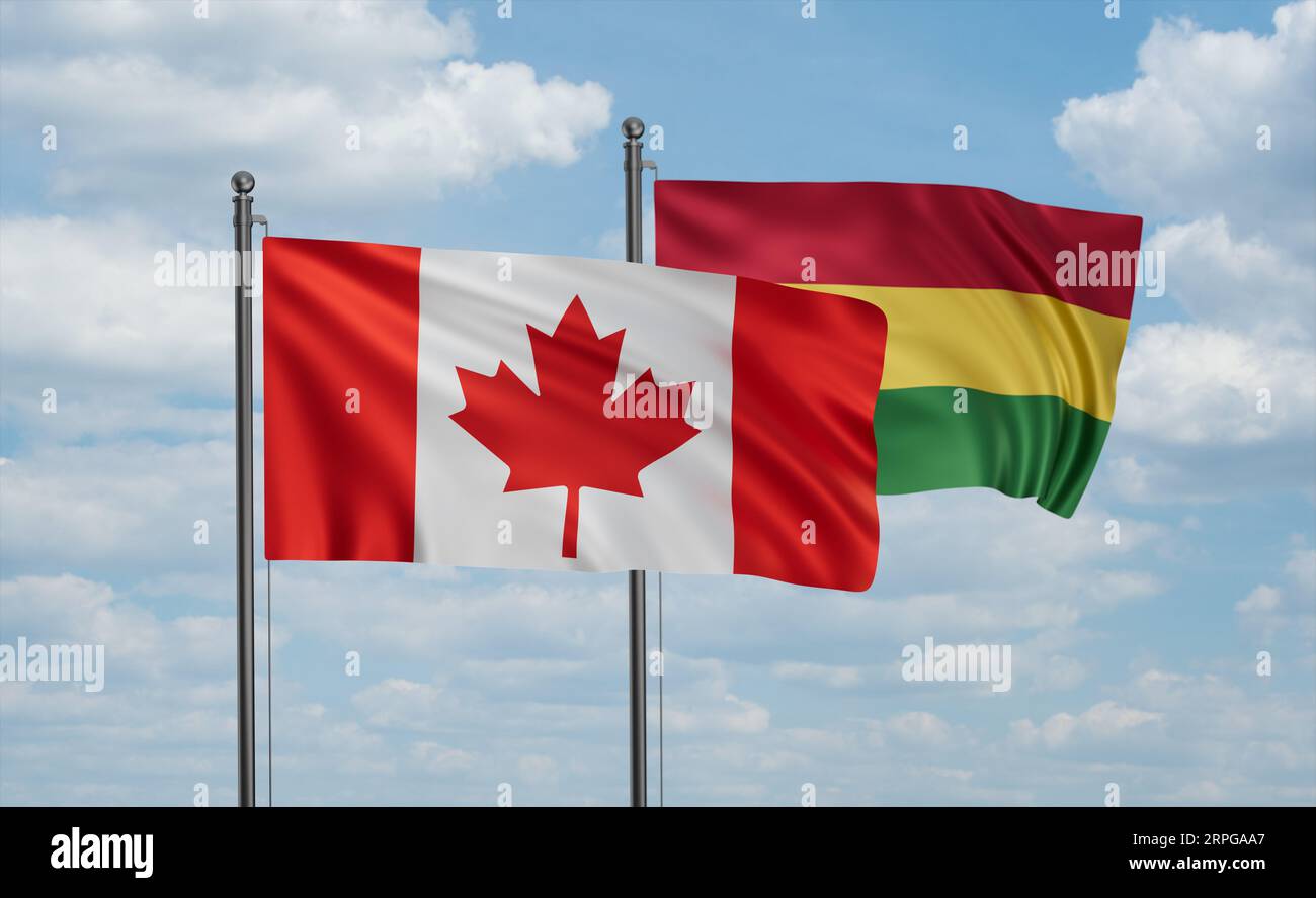 Bolivia flag and Canada flag waving together on blue sky, two country ...