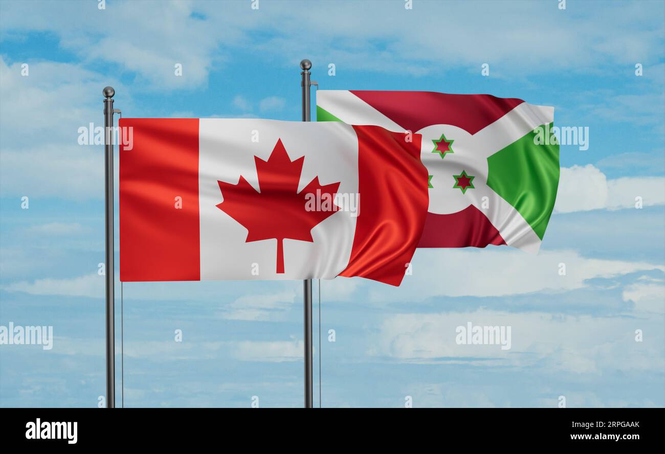 Burundi flag and Canada flag waving together on blue sky, two country ...