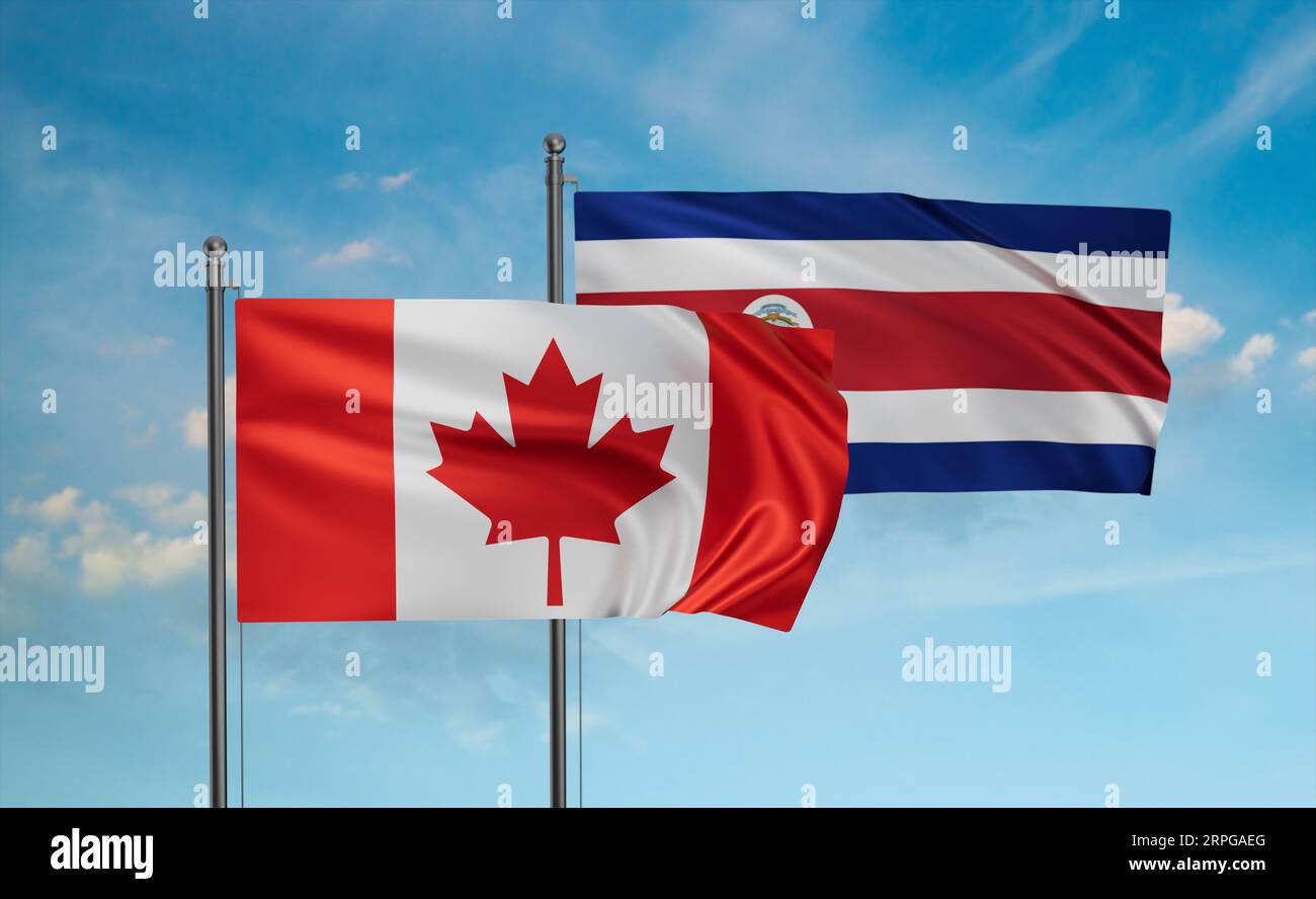Costa Rico and Canada flag waving together in the wind on blue sky, two ...