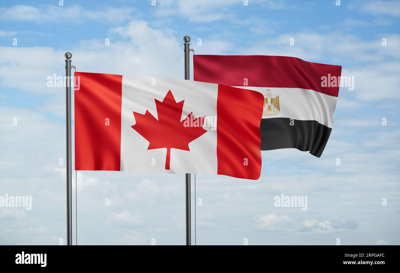 Egypt flag and Canada flag waving together on blue sky, two country ...