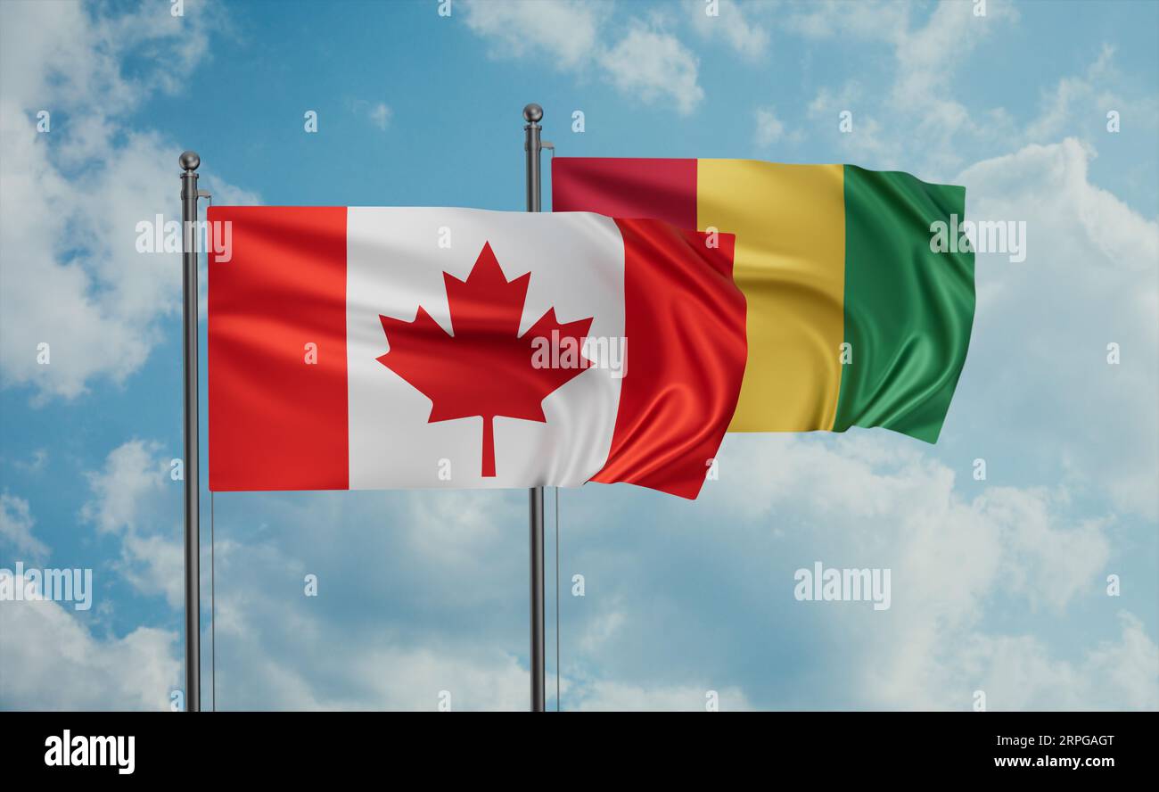 Republic of Guinea flag and Canada flag waving together on blue sky ...