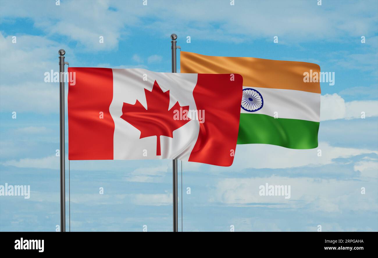 India flag and Canada flag waving together on blue sky, two country ...