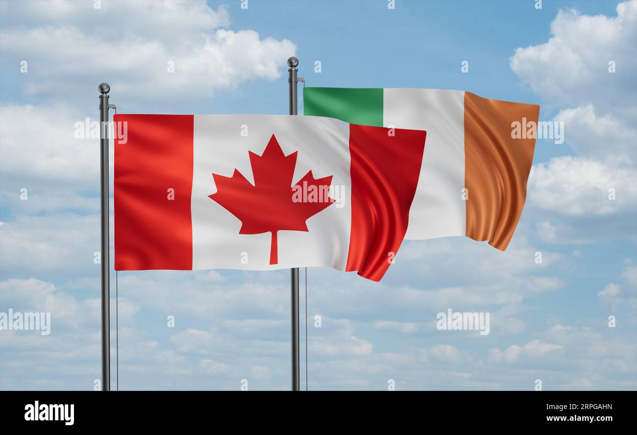 Ireland and Canada flag waving together in the wind on blue sky, two ...