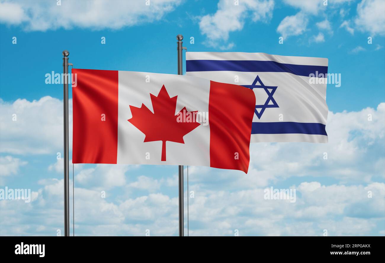 Israel flag and Canada flag waving together on blue sky, two country ...
