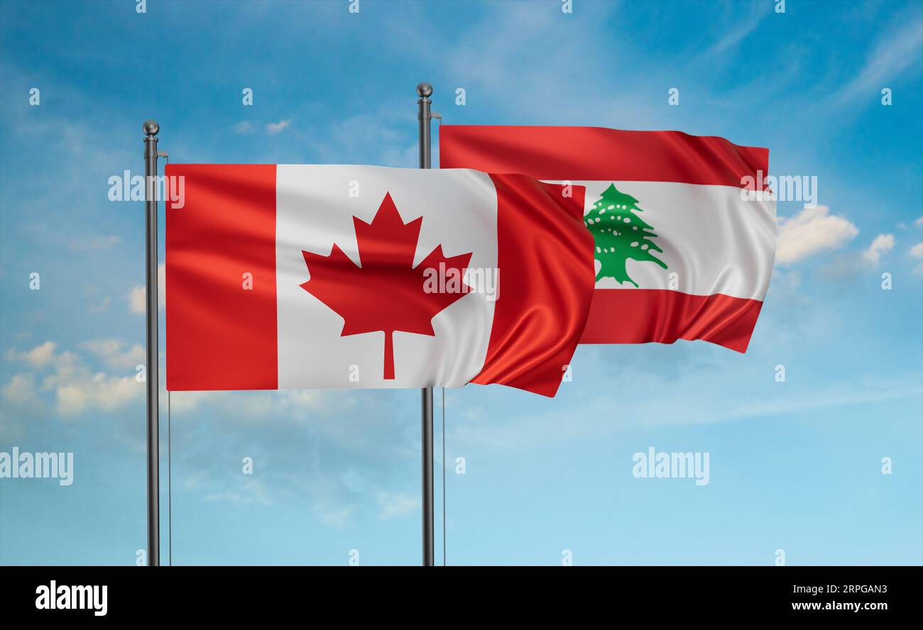 Lebanon and Canada flag waving together in the wind on blue sky, two ...