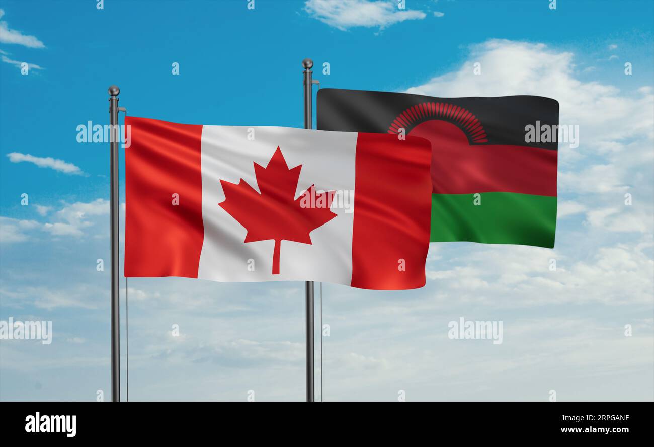 Malawi flag and Canada flag waving together on blue sky, two country ...