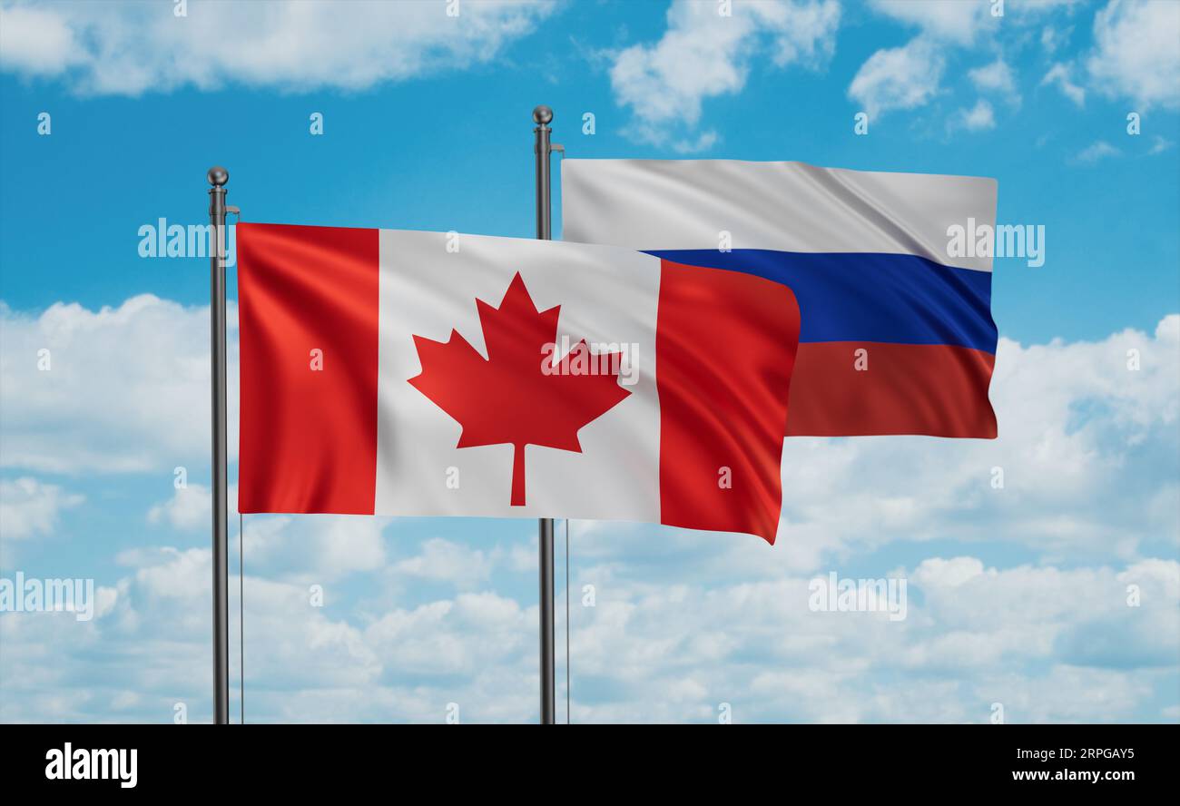 Russian Federation and Canada flag waving together in the wind on blue ...