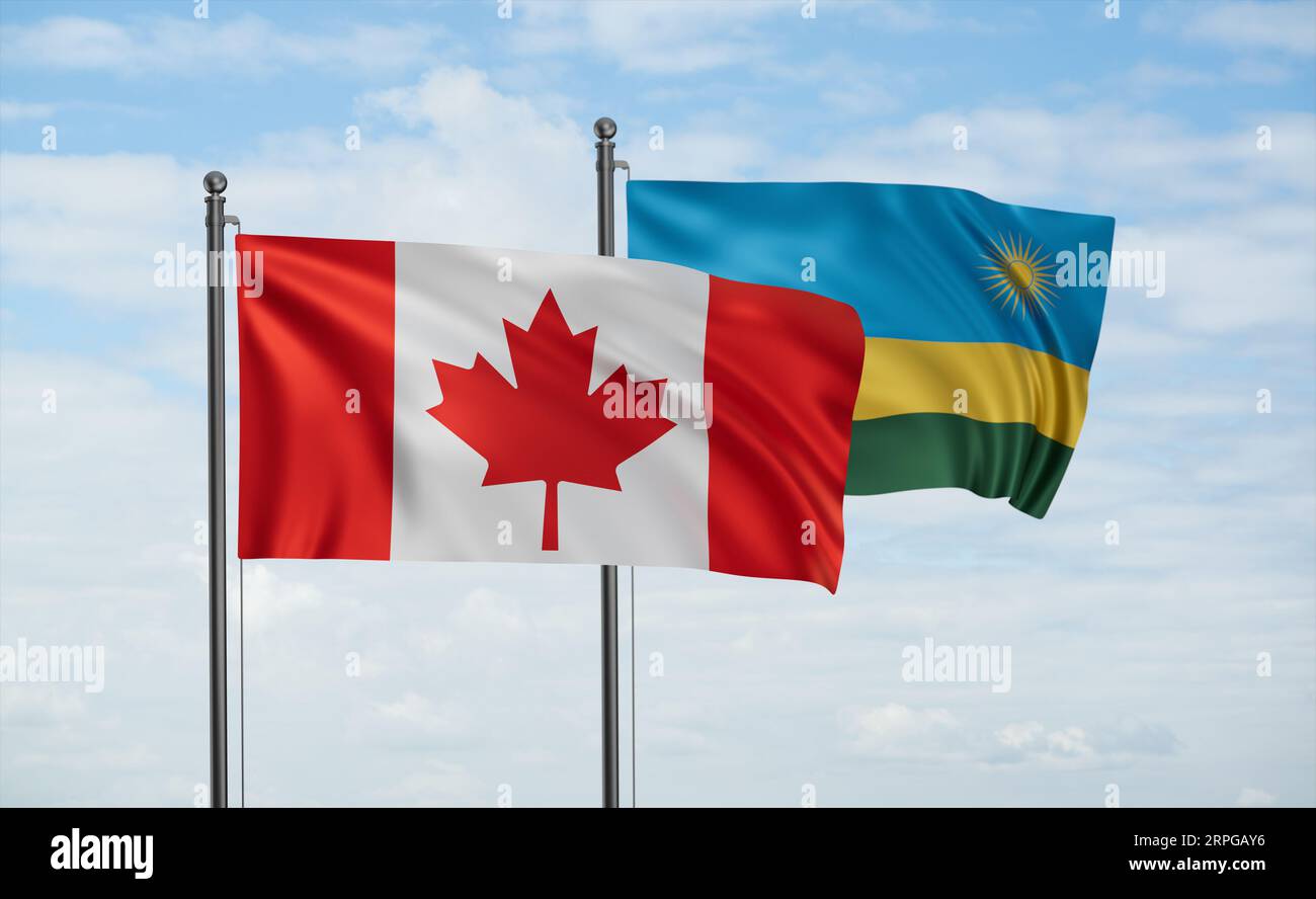 Republic of Rwanda and Canada flag waving together in the wind on blue ...