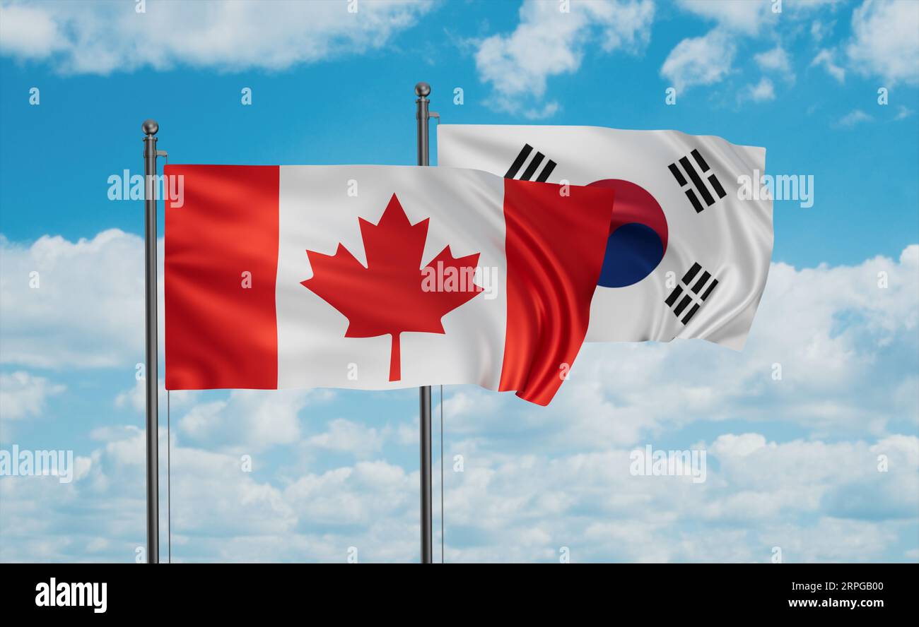 South Korea or Republic of Korea or ROK and Canada flag waving together ...