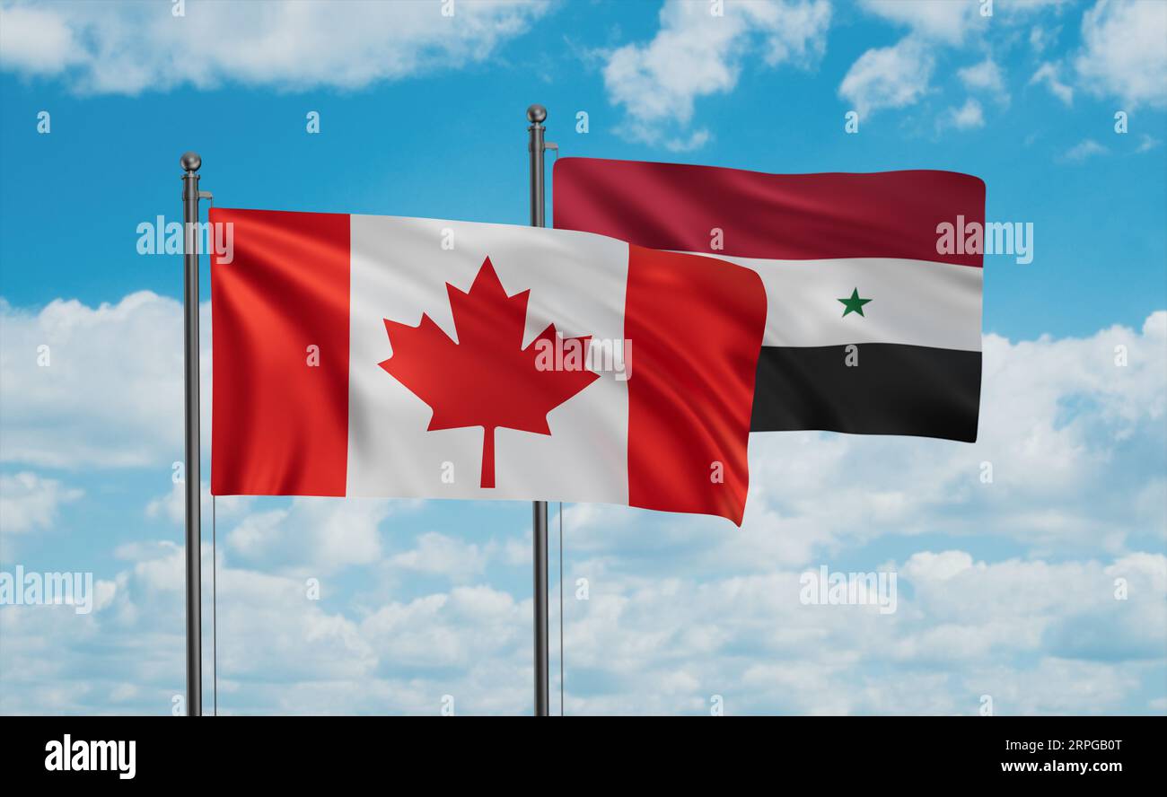 Syrian Arab Republic, Syria and Canada flag waving together in the wind ...