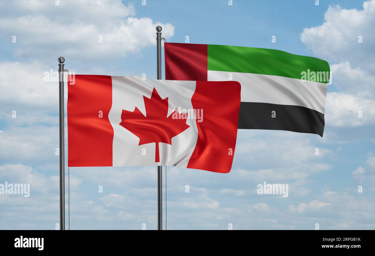 United Arab Emirates and Canada flag waving together in the wind on ...